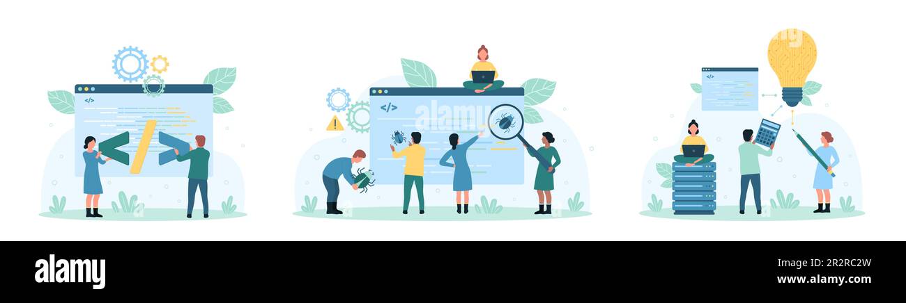 Program code development and test set vector illustration. Cartoon tiny ... Program code development and test set vector illustration. Cartoon tiny ...