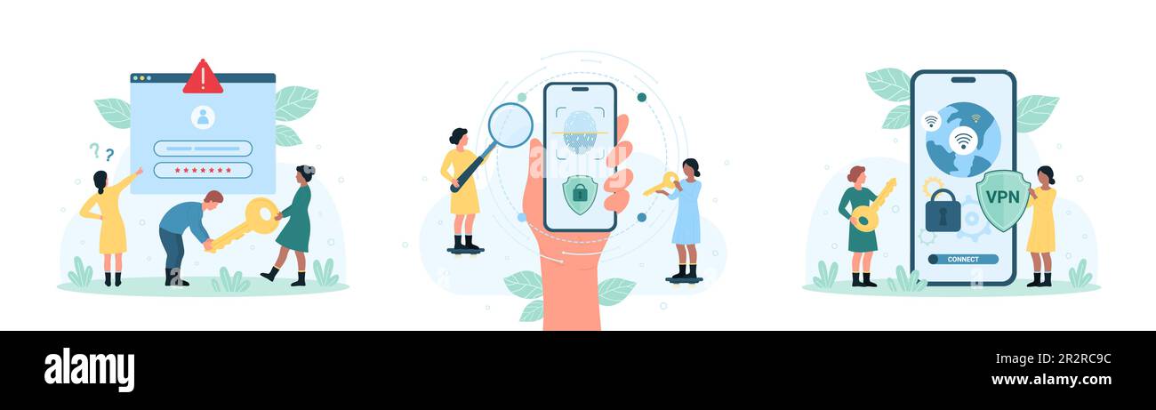 Online security set vector illustration. Cartoon tiny people with magnifying glass use ...