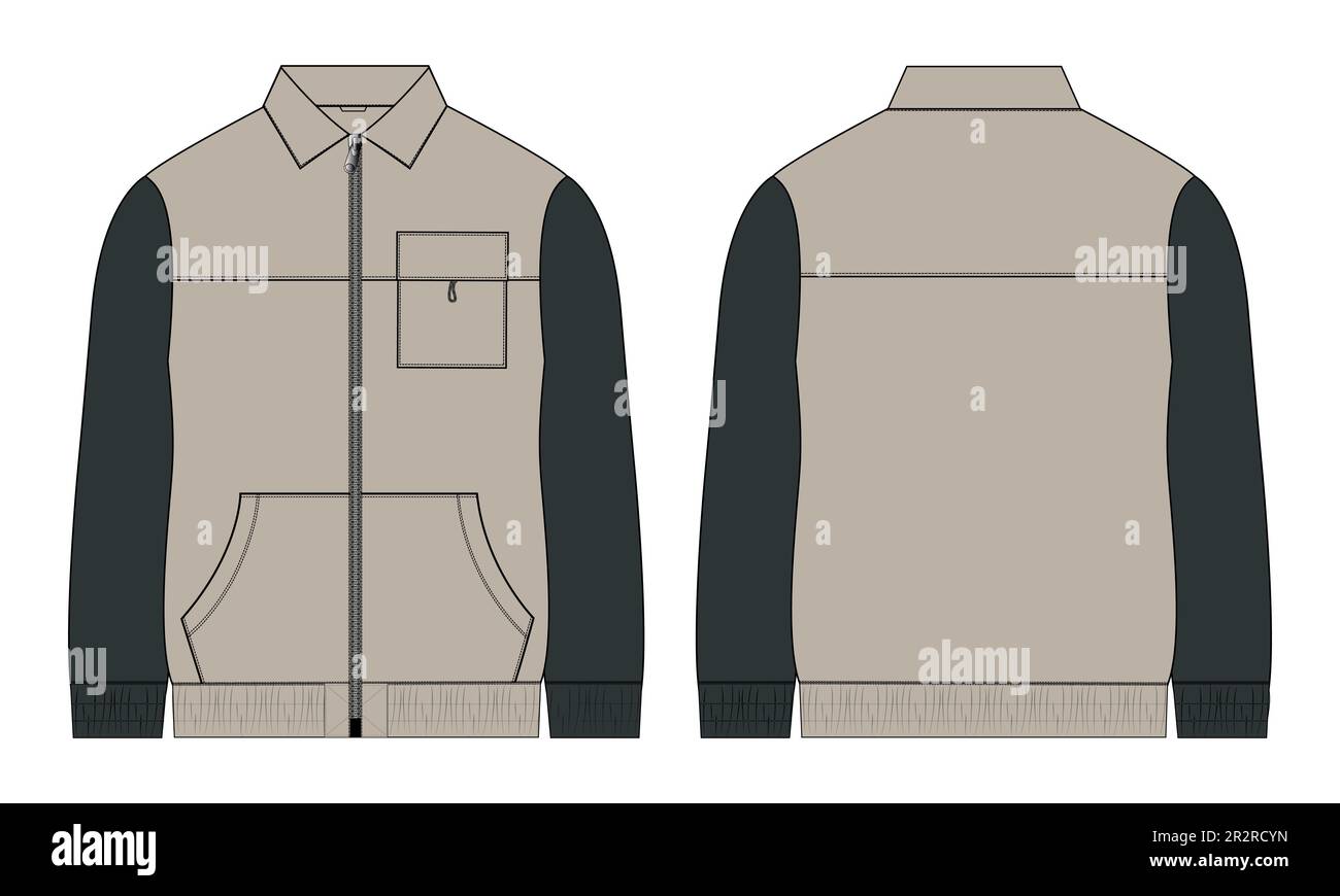 Long sleeve jacket with pocket and zipper technical fashion flat sketch ...