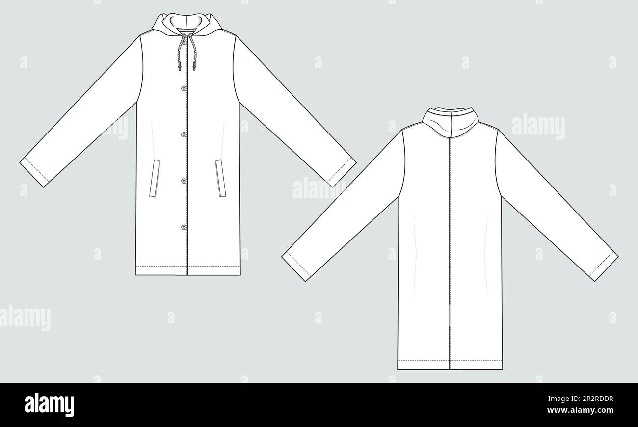 Long sleeve hoodie coat technical drawing fashion flat sketch vector ...