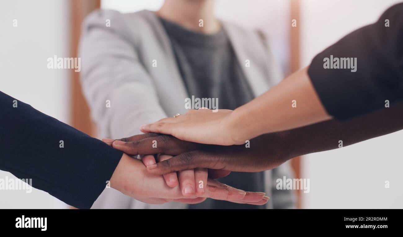 Teamwork, stack and hands of business people in office for company ...