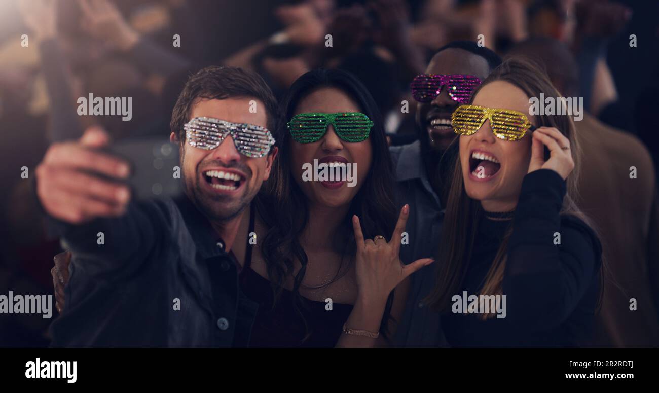 Selfie, sunglasses and friends at party for celebration, festival and ...