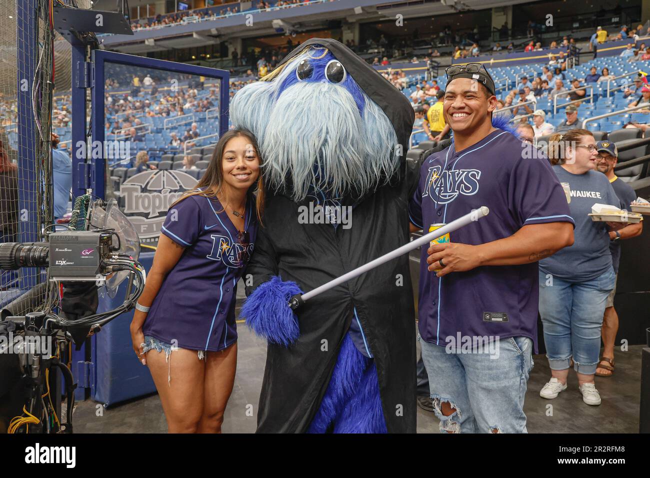 St. Petersburg, FL USA; Tampa Bay Rays fans pose with mascot Raymond on ...