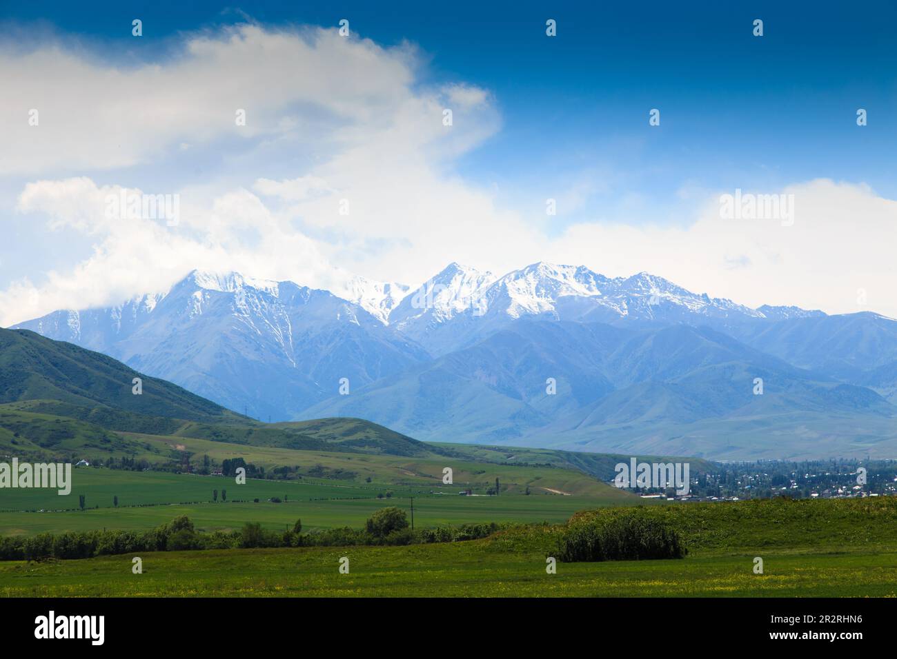 Beautiful spring and summer landscape. Lush green hills, high mountains ...