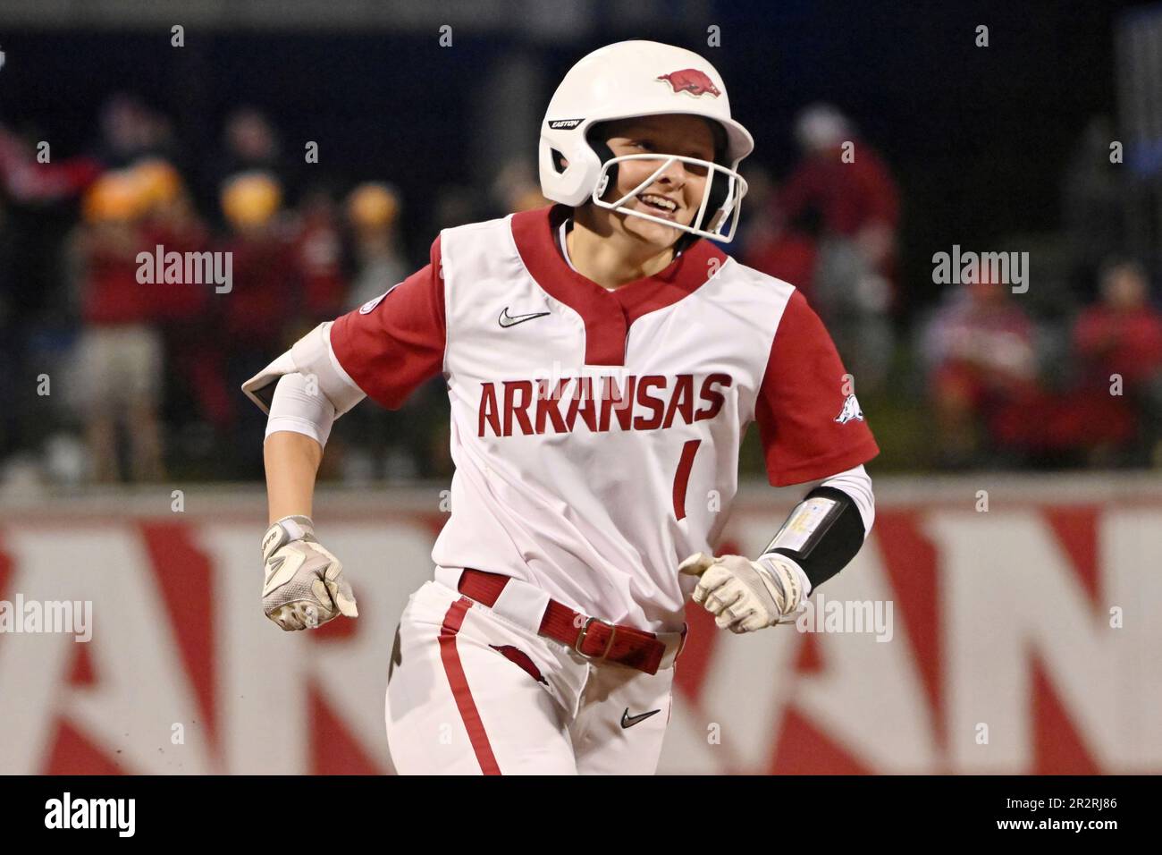 Arkansas batter Raigan Kramer (1) celebrates after hitting a home run ...
