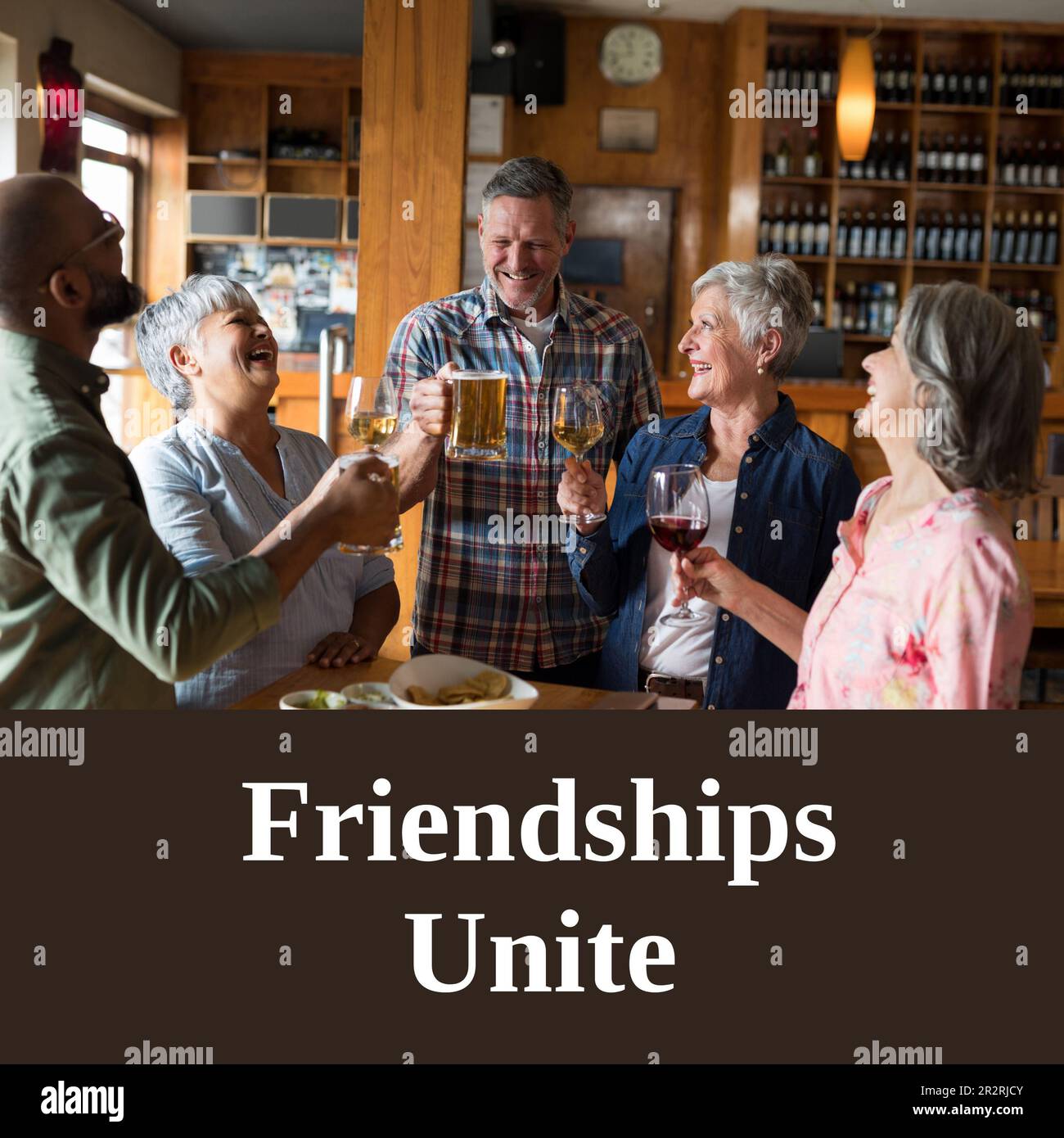Composition of friendship unite text over happy senior diverse friends ...