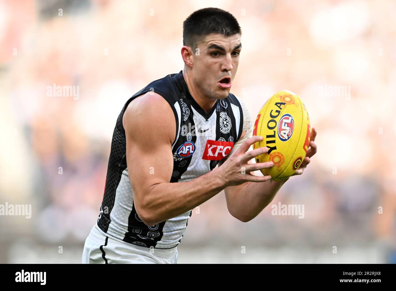 Brayden Maynard of Collingwood marks the footy during the AFL Round 10 ...