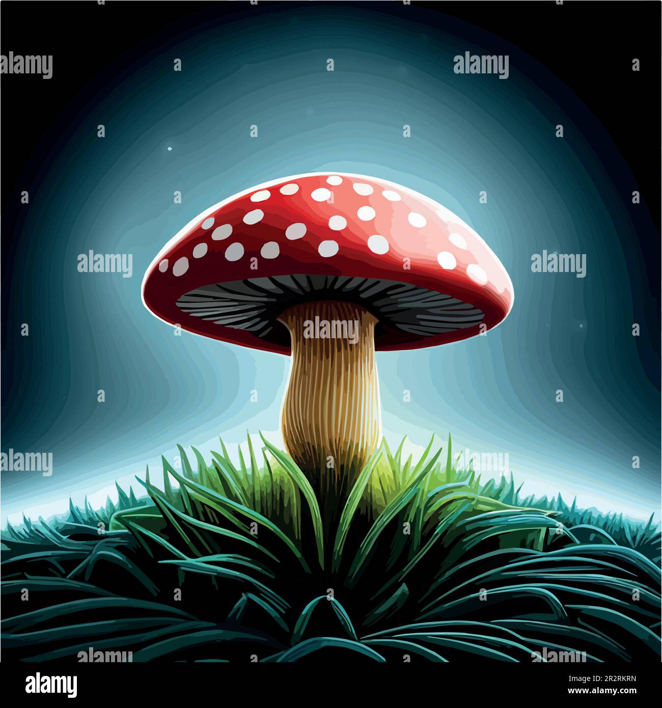 Mushrooms Sitting Top Lush Green Forest Psychedelic Black Light Artist Used Bright Neon Lamp