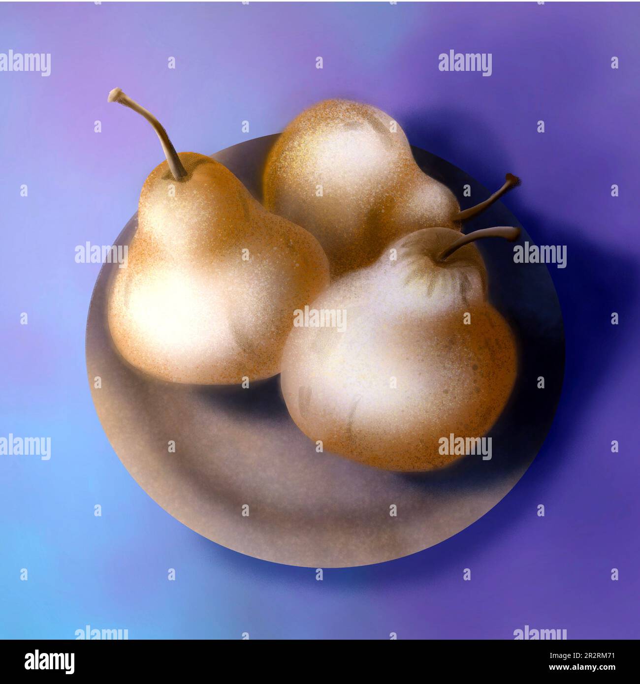 Digital illustration - still life with three pale yellow pears on a ...