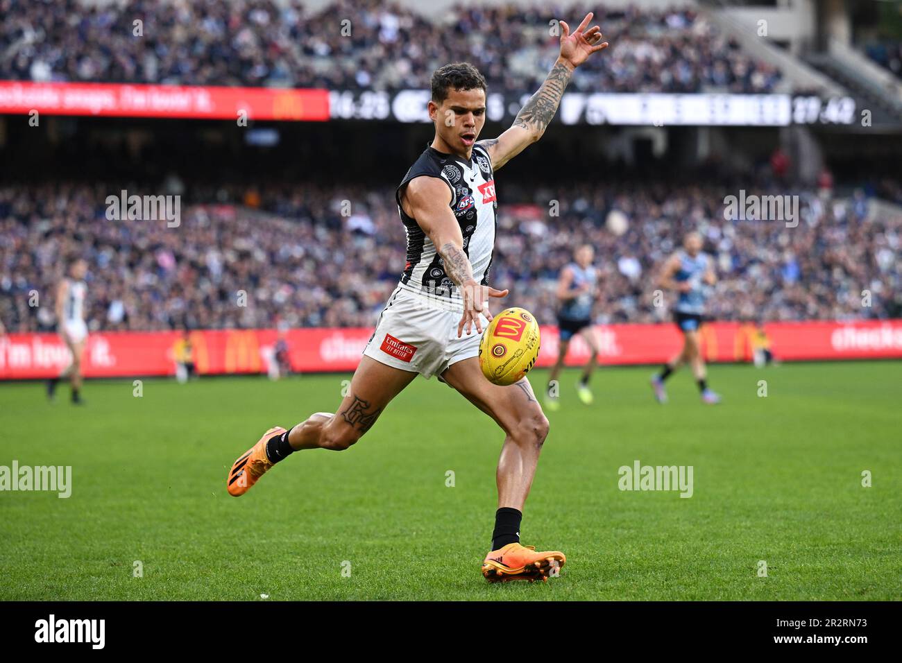 Bobby Hill of Collingwood kicks the footy during the AFL Round 10 match ...