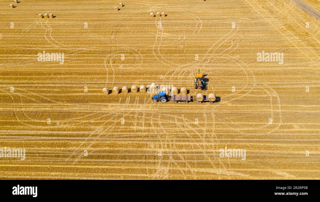 Above view on excavator as loading straw bales on trailer, tow by ...
