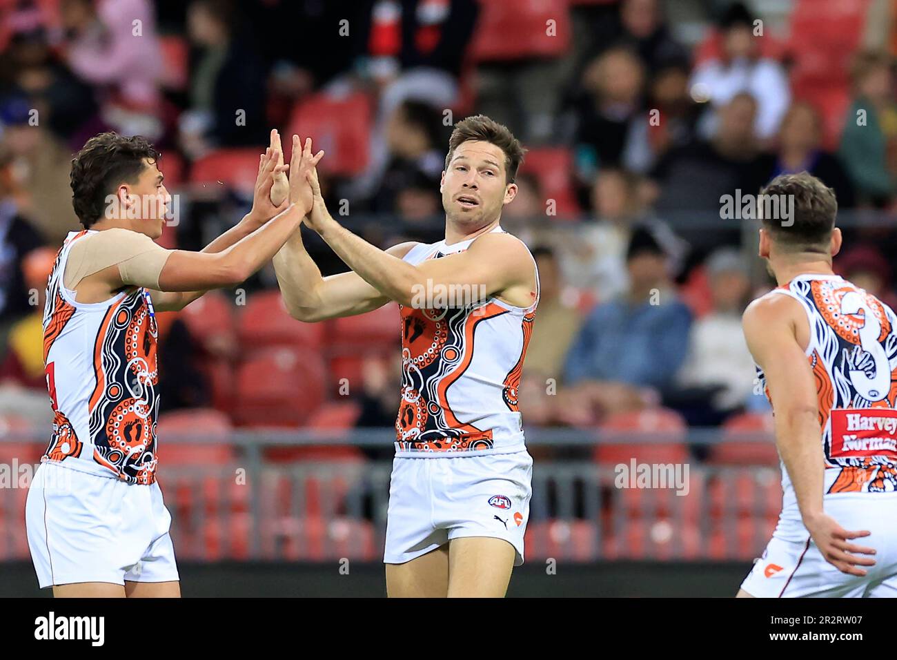 Toby Greene of the Giants celebrates a goal during the AFL Round 10 ...