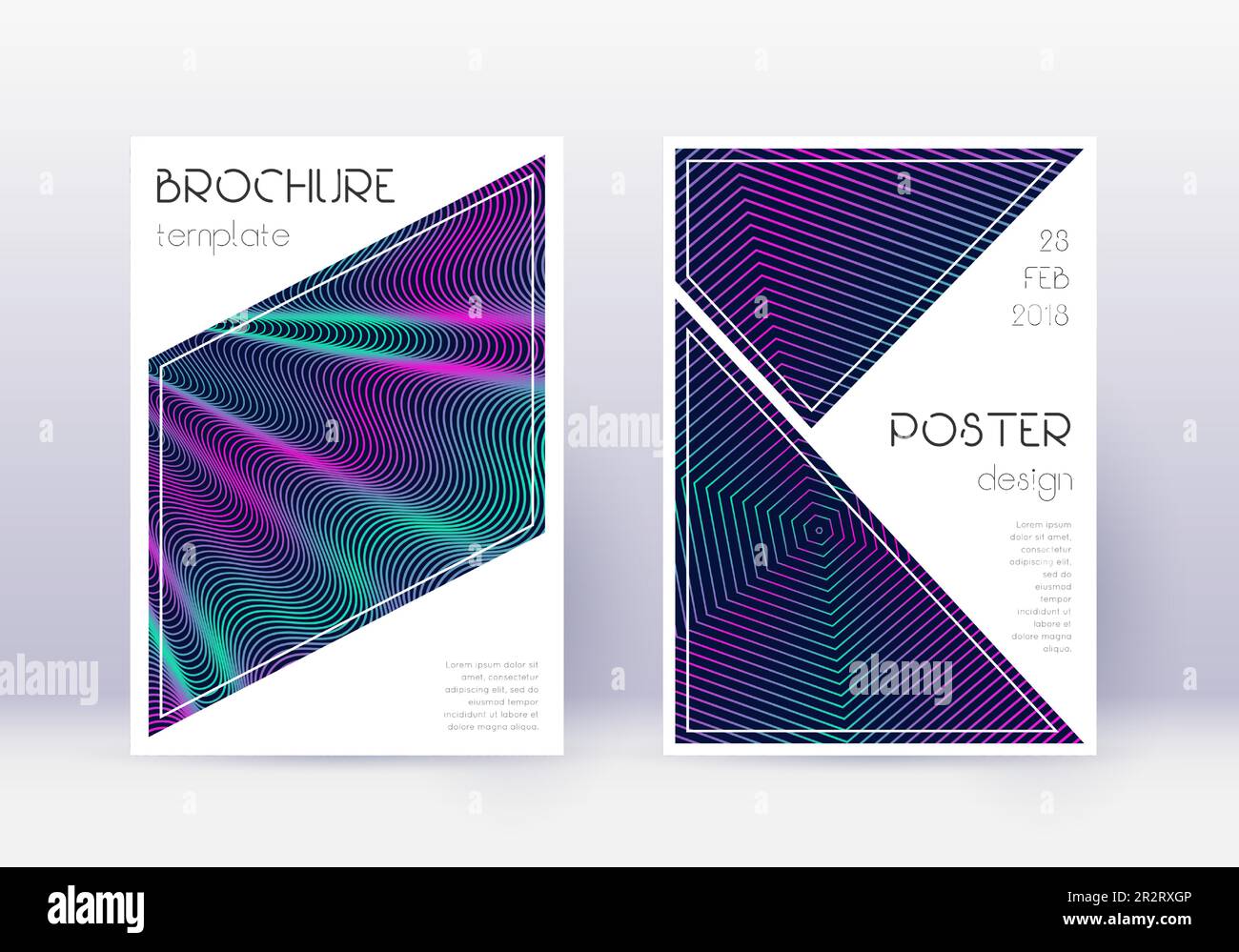 Triangle cover design template set. Neon abstract lines on dark blue ...