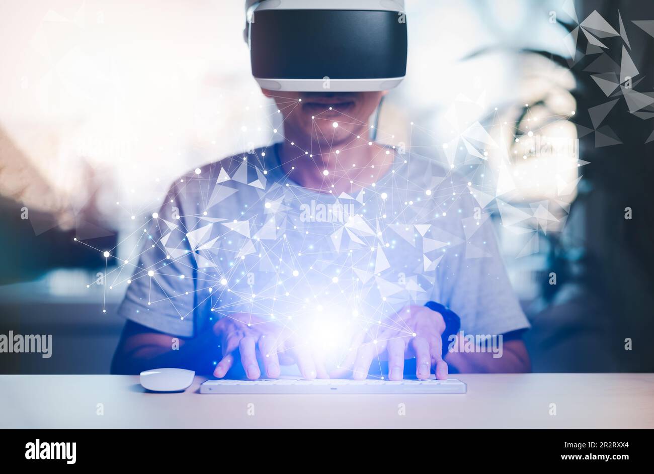 Man wearing VR glasses virtual with global network connection. Internet ...