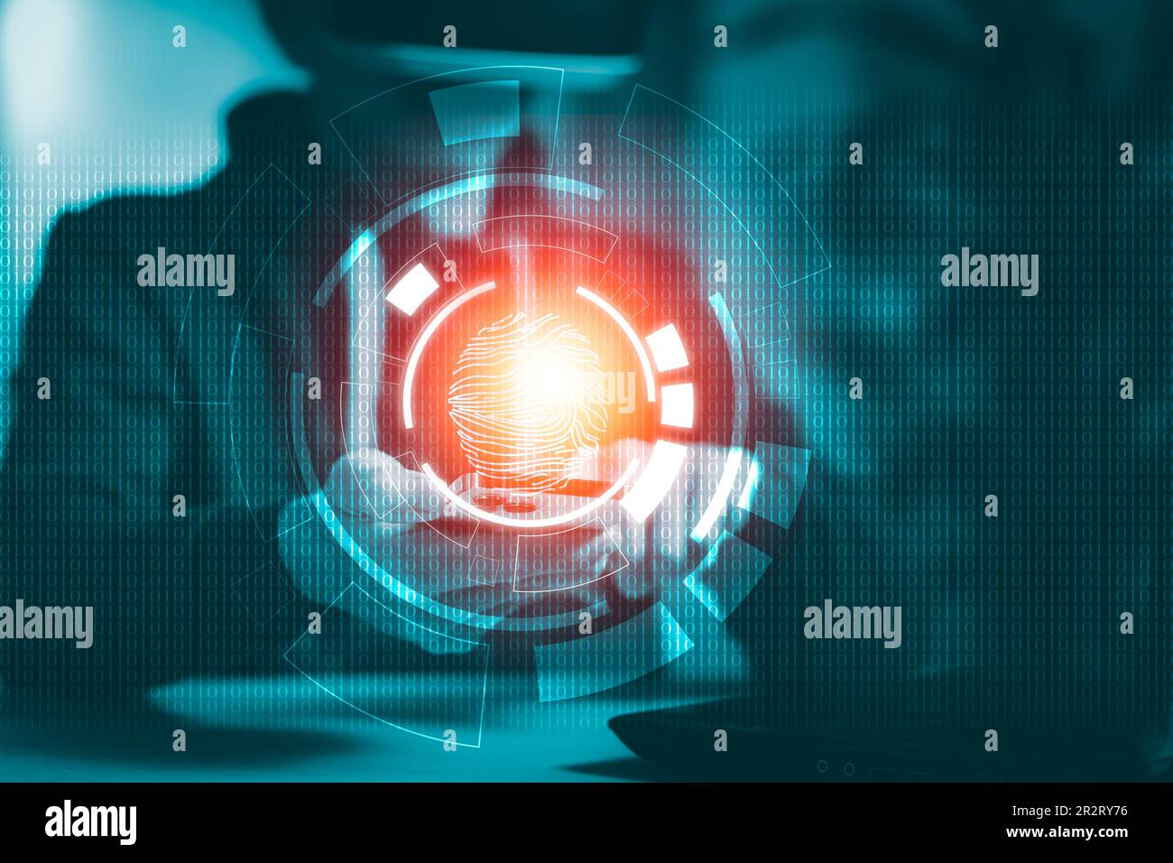 Man wearing VR glasses virtual Hacker touch laptop or smartphone and ...