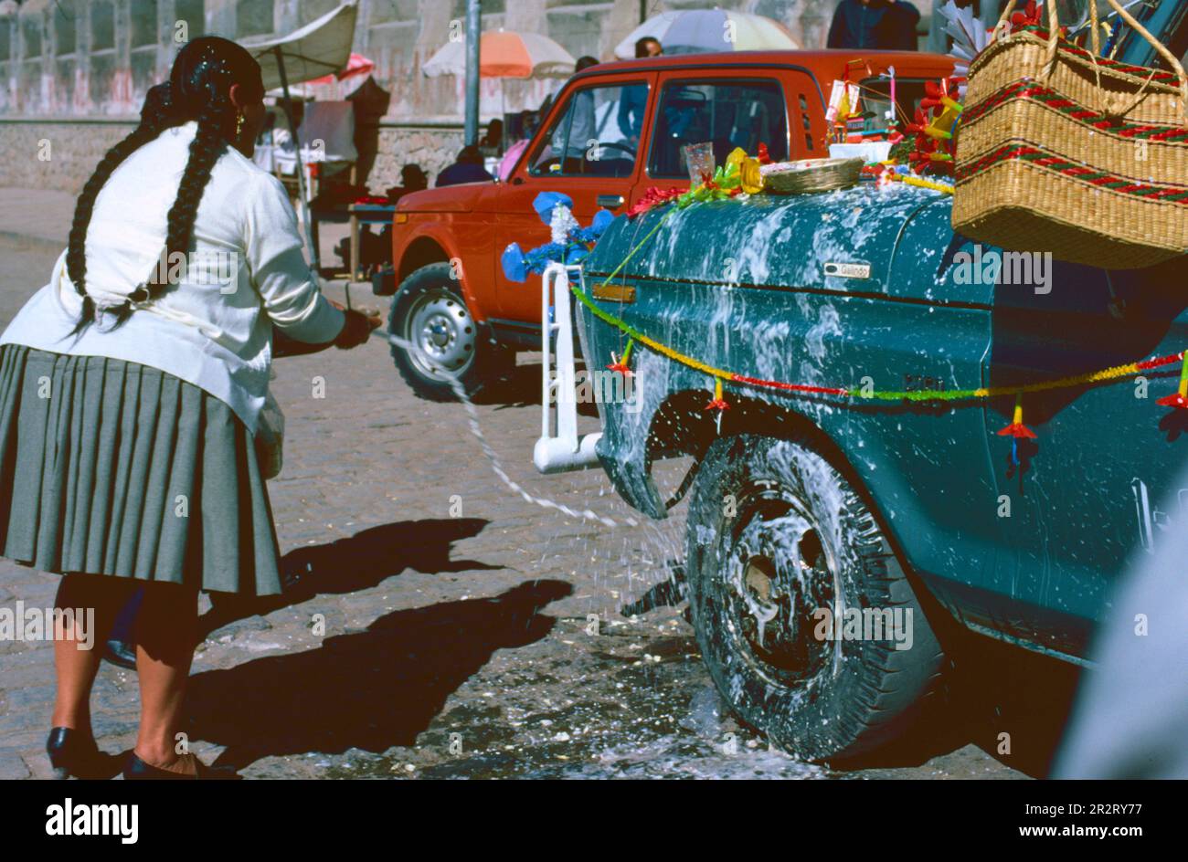 Spraying truck with beer at the Blessing of the vehicles celebrations ...