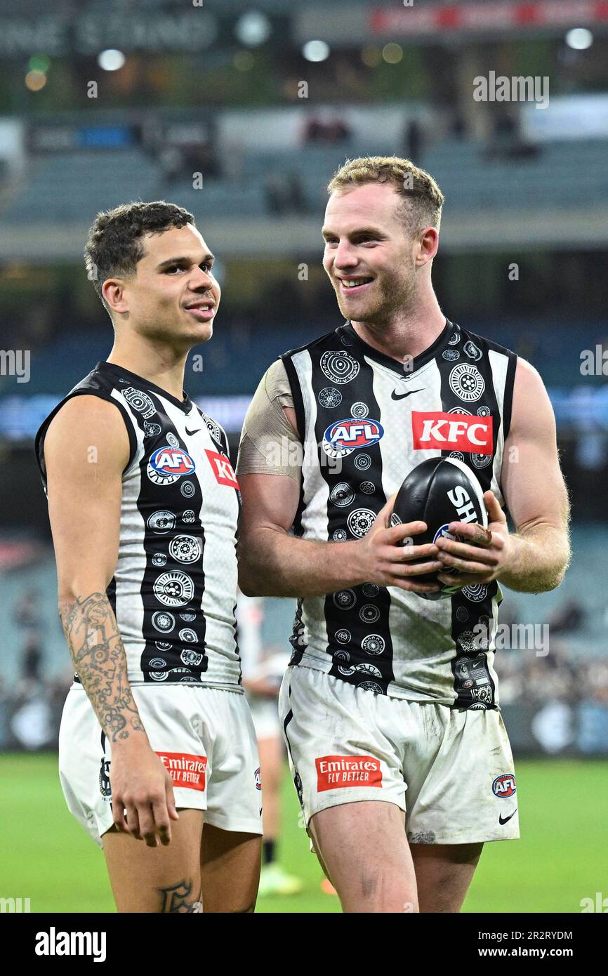 Bobby Hill of Collingwood (left) and Tom Mitchell of Collingwood after ...