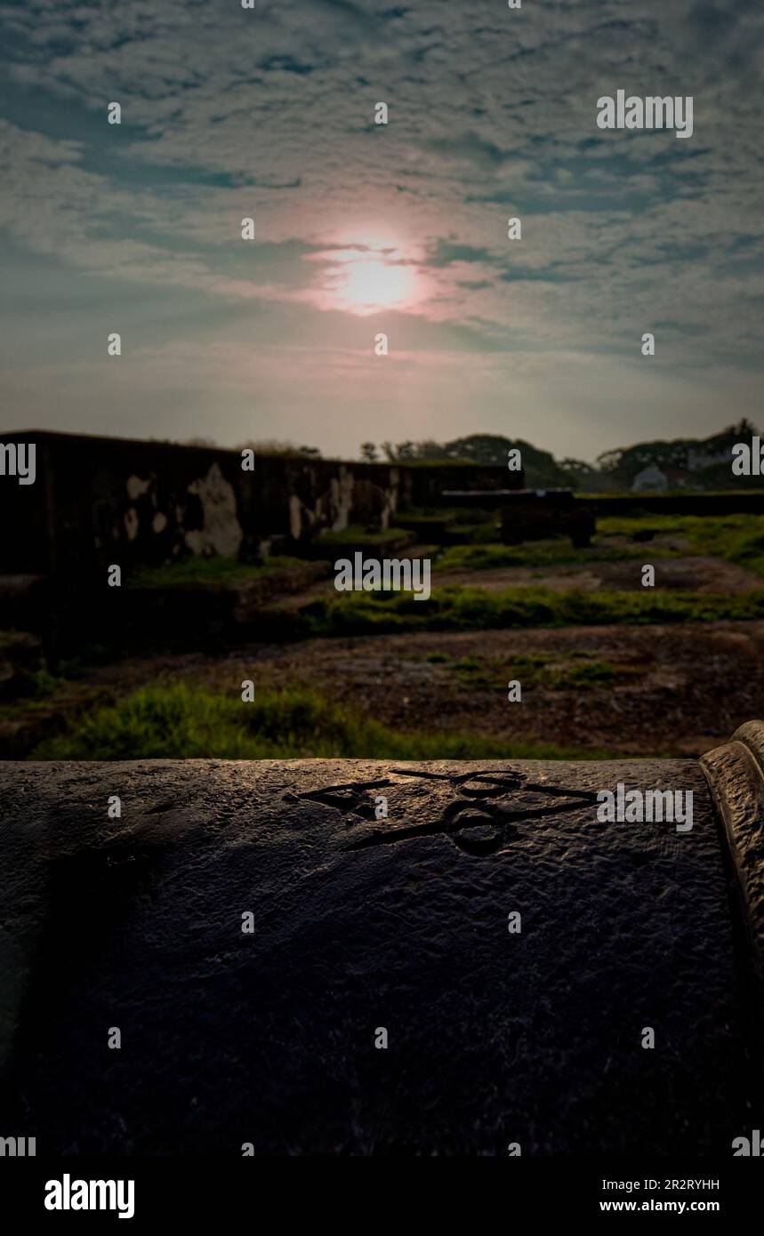 VOC sign of fire Canon under morning sun rise in Galle fort Sri Lanka ...