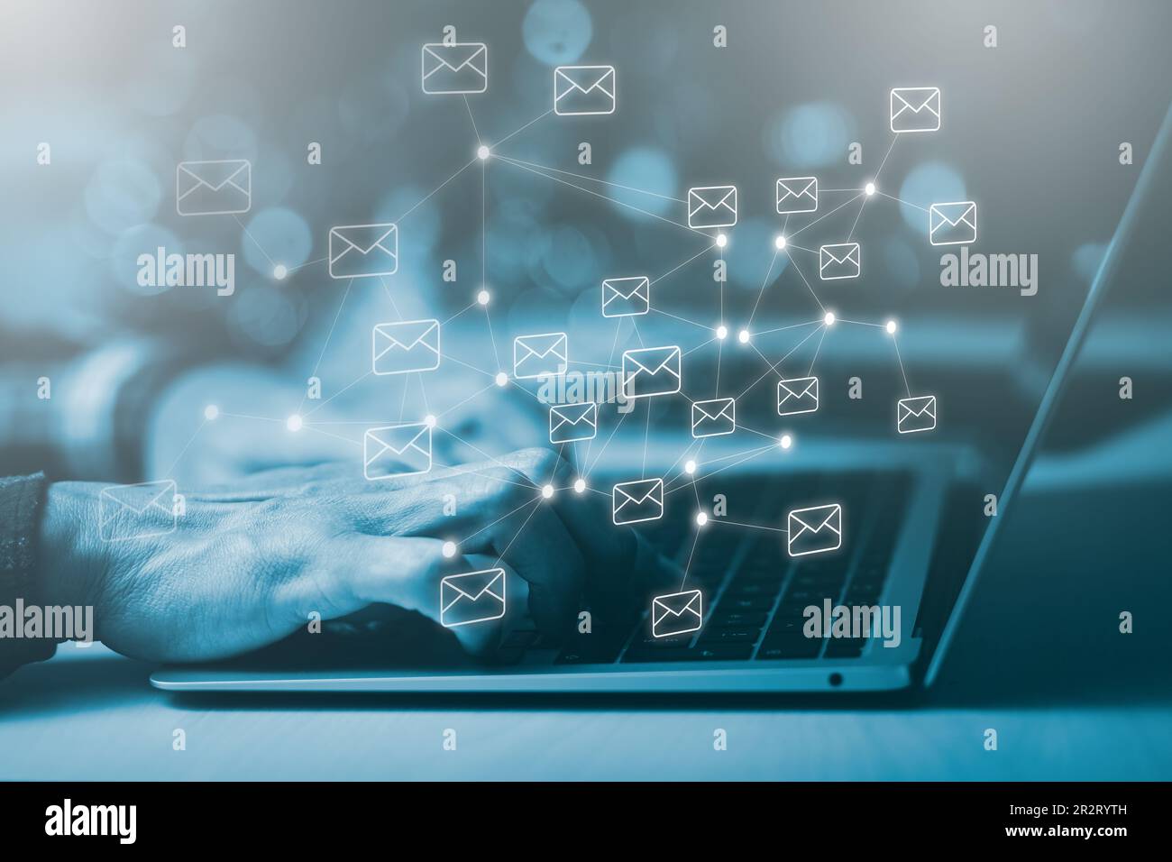 The email with the laptop, Businessman hand pressing the keyboard for ...