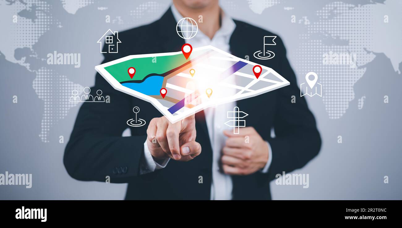 Businessman hand touch virtual world and model map with location point ...