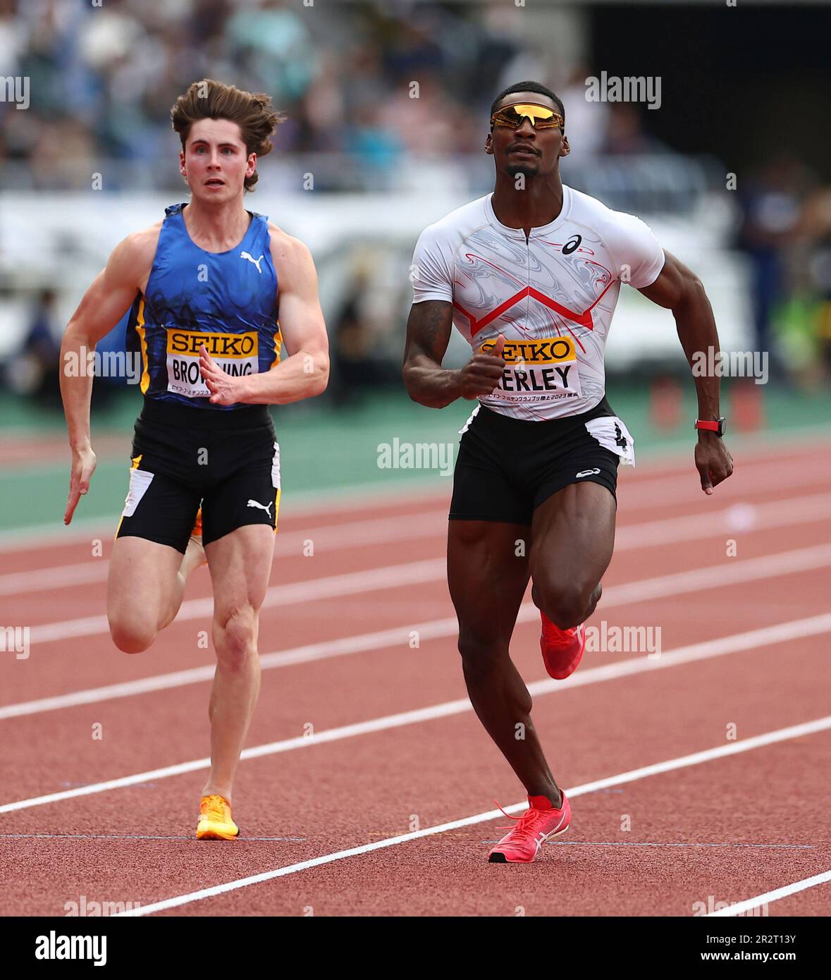 Fred Kerley (R) of the U.S.A.crosses the finish line during the men's ...