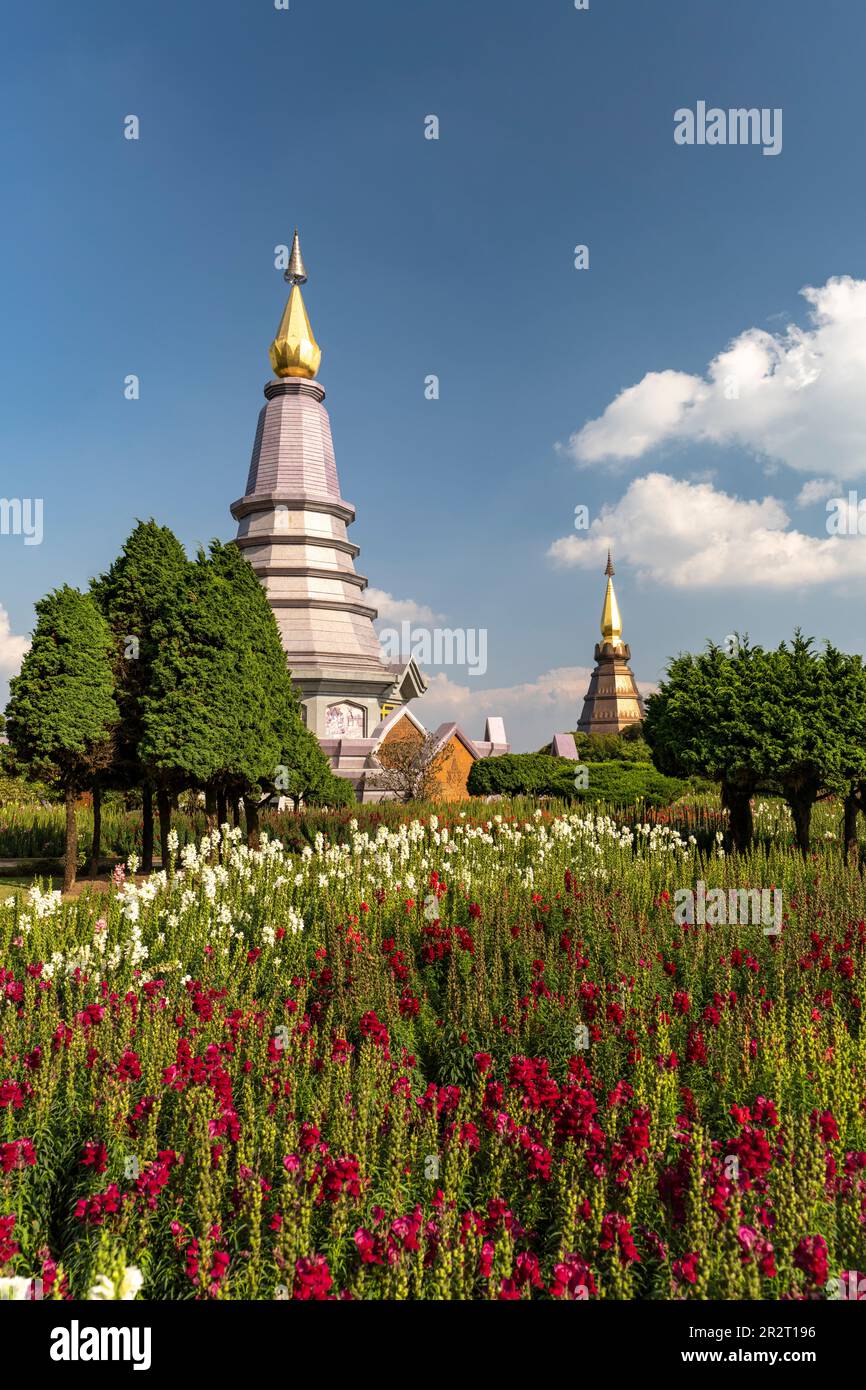 Chedis der königlichen Pagoden Phra Maha Dathu Nabha Metaneedol und Nabhapol Bhumisiri im Doi ...