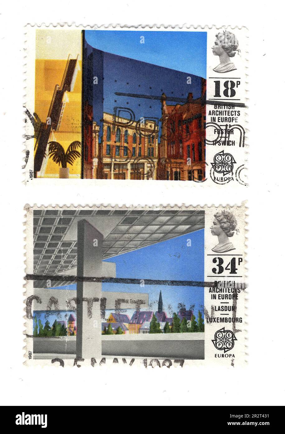 Vintage postage stamps from the United Kingdom featuring architecture ...