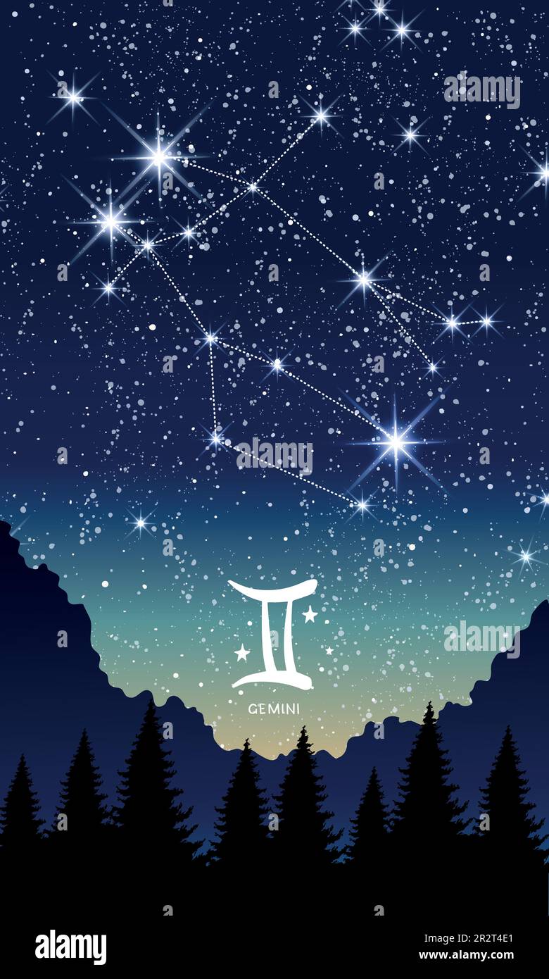 Gemini zodiac sign, constellation in the night sky, landscape vertical ...