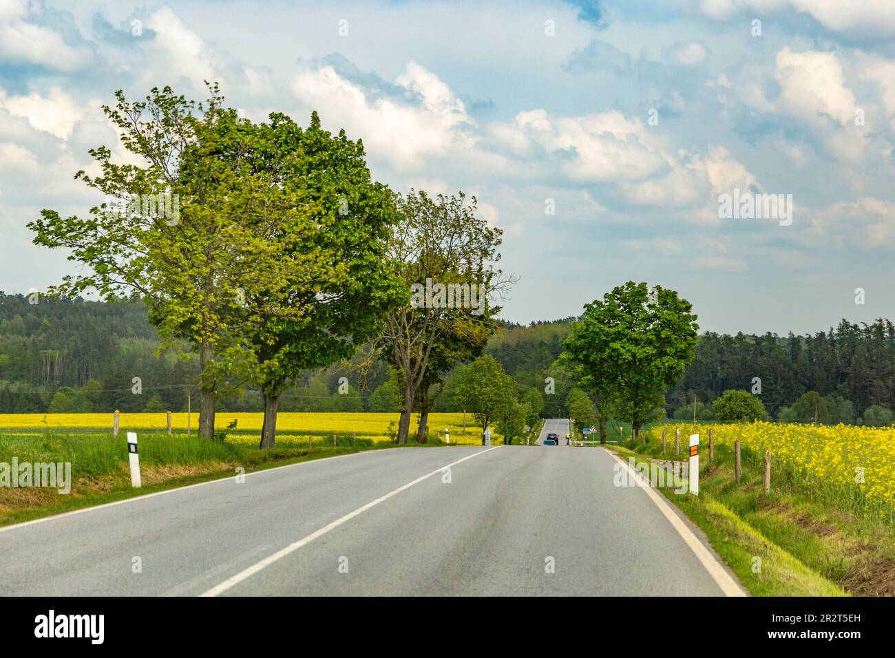 Country road landscape with sky clouds and green fields Stock Photo - Alamy