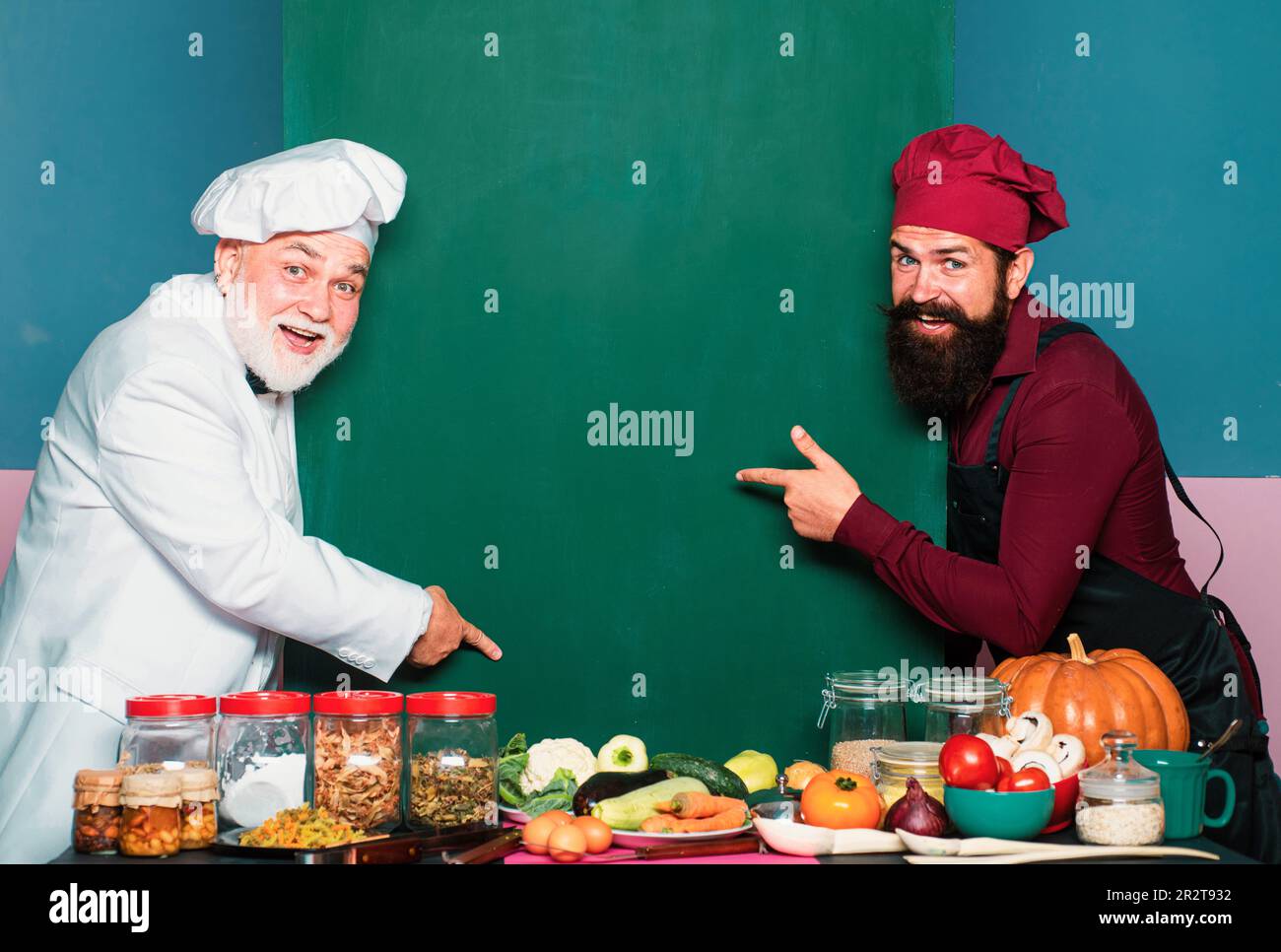 Funny Chefs men. Empty menu chalkboard or blackboard with copy space ...