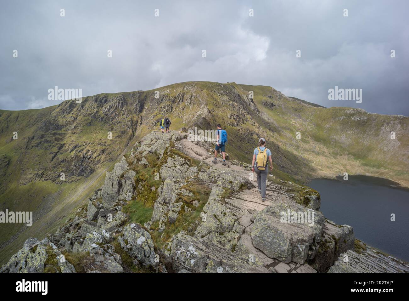 walkers on Striding Edge path with Helvellyn summit behind Stock Photo ...