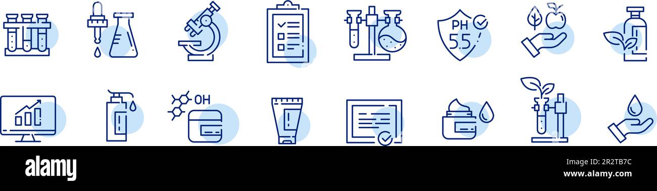 Cosmetics production icons. Laboratory process, ingredients and data ...