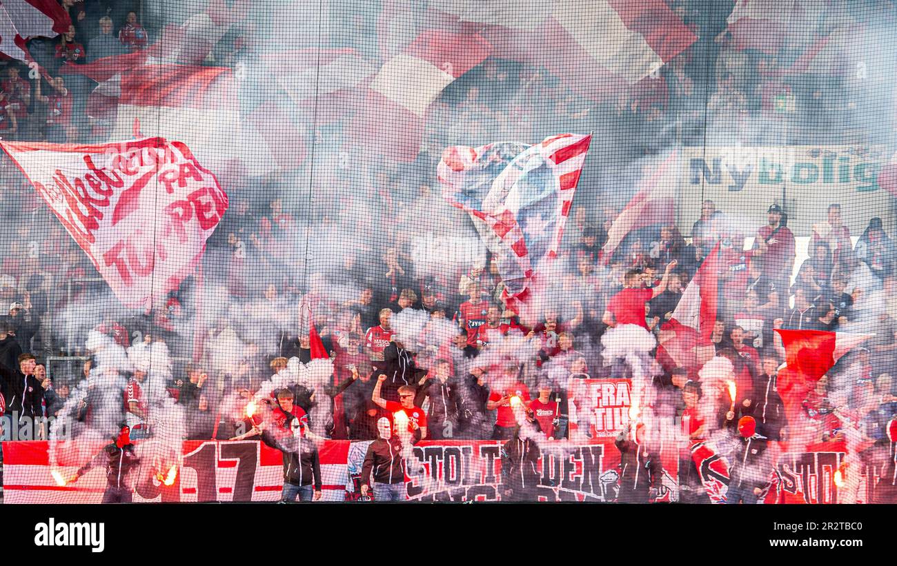 Horsens, Denmark. 19th, May 2023. Football fans of Silkeborg IF seen on ...