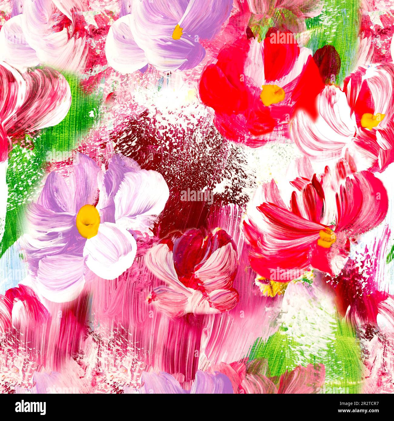 Seamless pattern of abstract painting pink flowers, original hand drawn ...