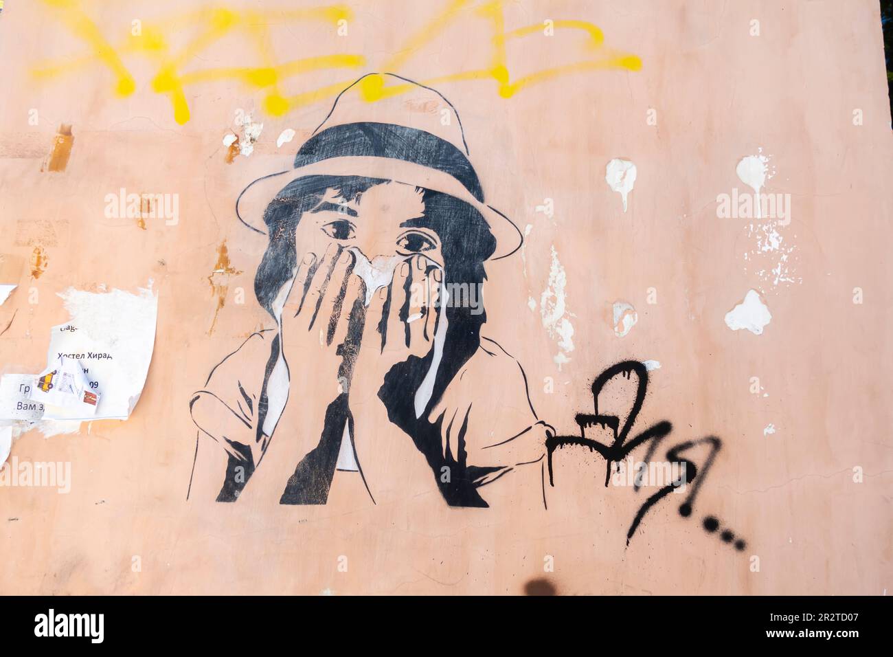Portrait of crying girl in a hat graffiti, mural in Tbilisi Georgia ...