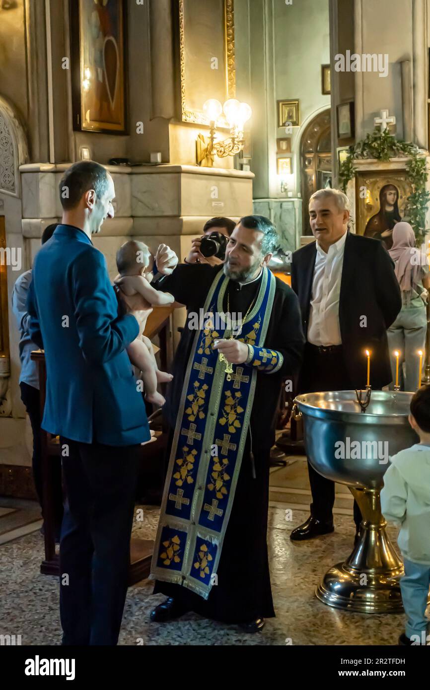 Orthodox baptist ritual. Kashueti St. George Church. Orthodox church in ...