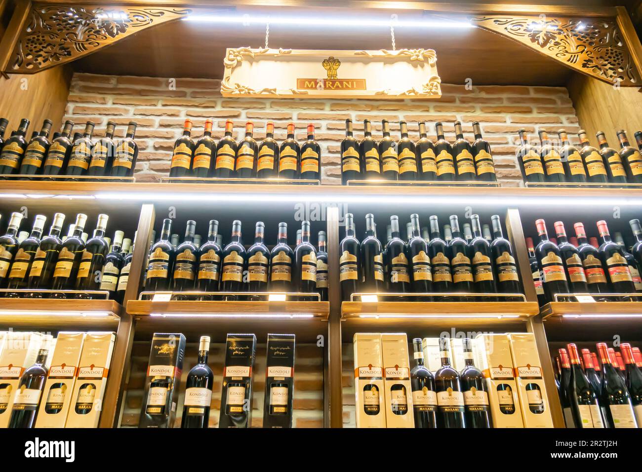 Marani Georgian wine stand in Duty free shop, Georgian wine in Tbilisi International Airport ...