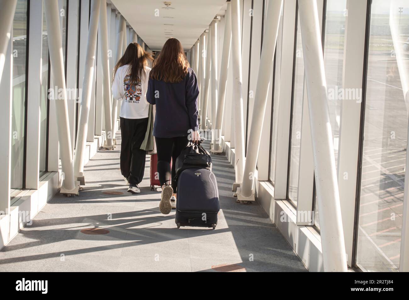 Passengers back view, walking with rolling luggage through the corridor ...