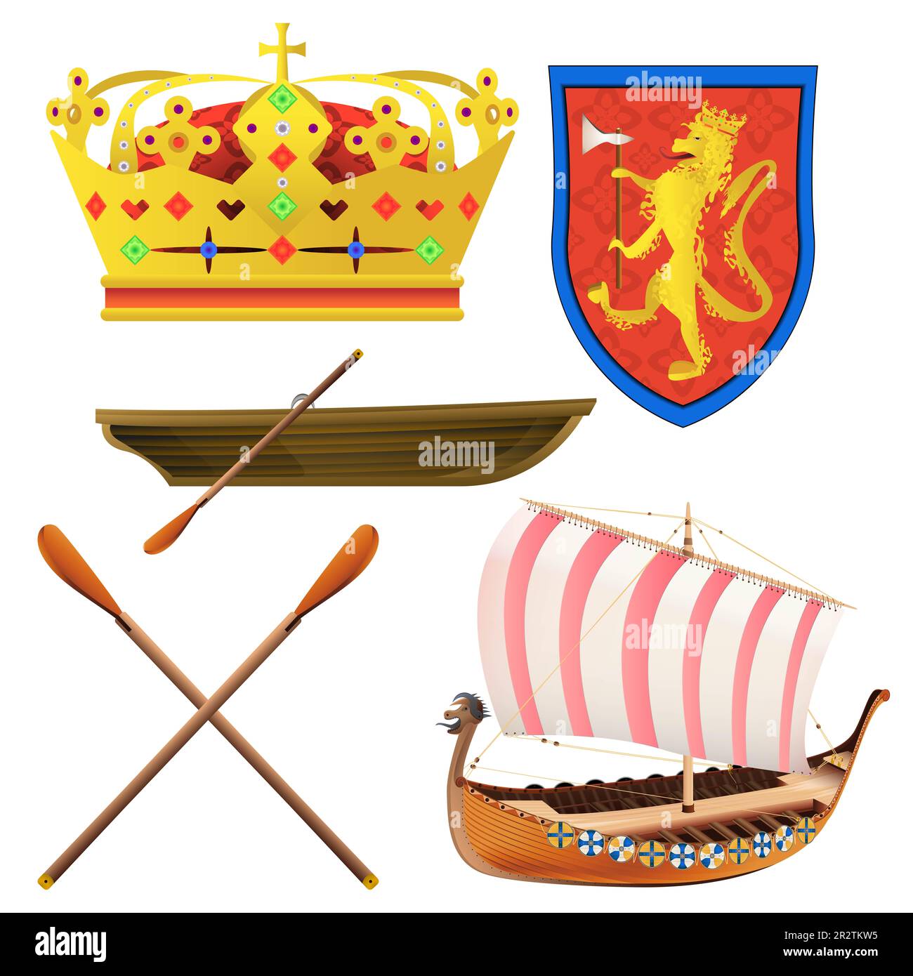 Vikings realisitc style SET. Crown, Axe, Ship, Lion boat. Colorful ...