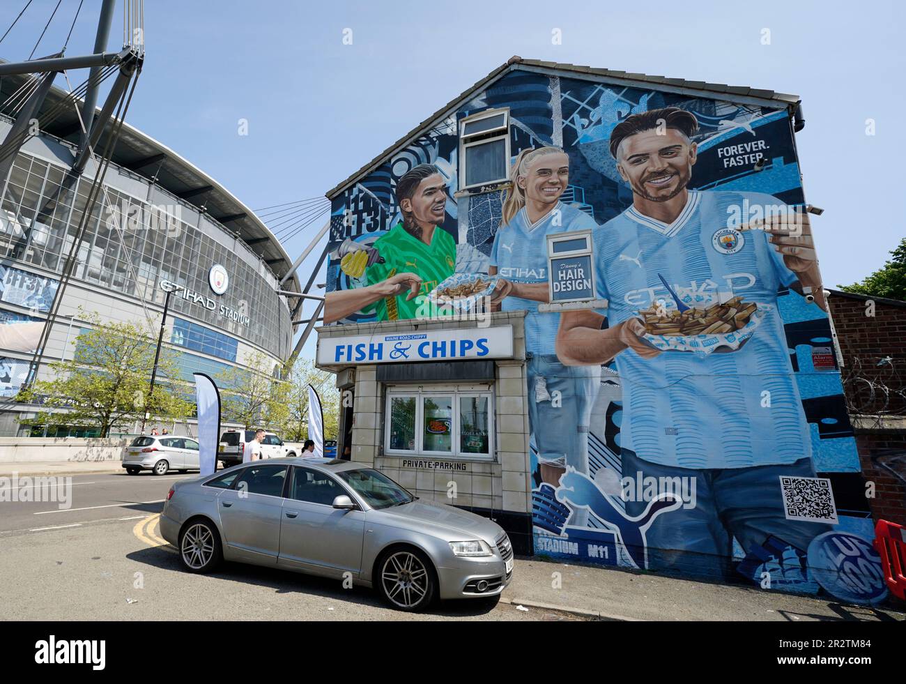 Manchester, UK. 21st May, 2023. The mural on the side of the Maine Road ...