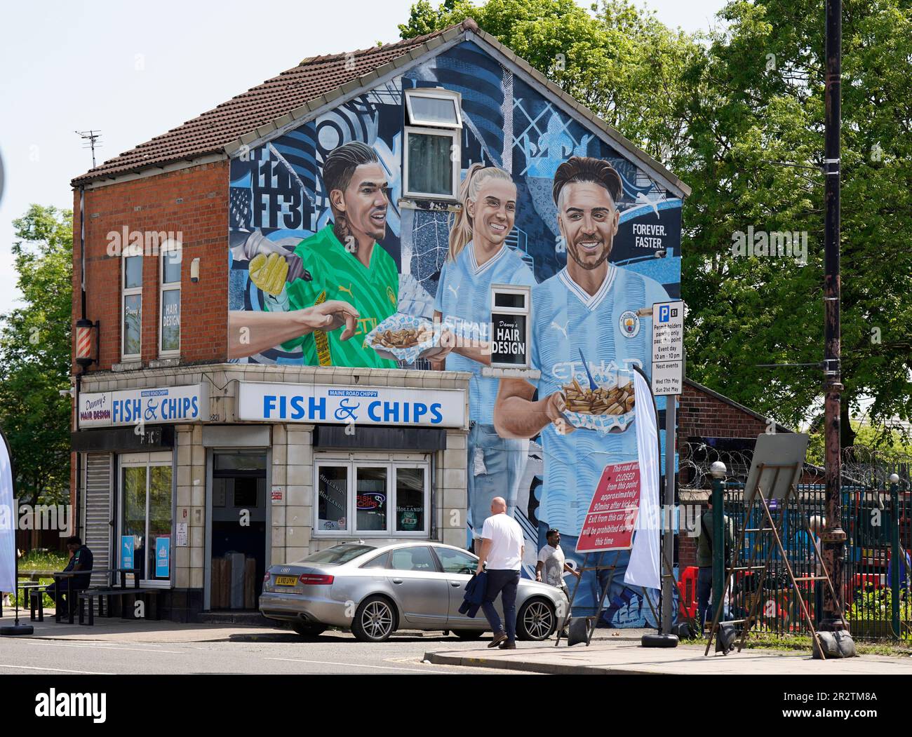 Manchester, UK. 21st May, 2023. The mural on the side of the Maine Road ...