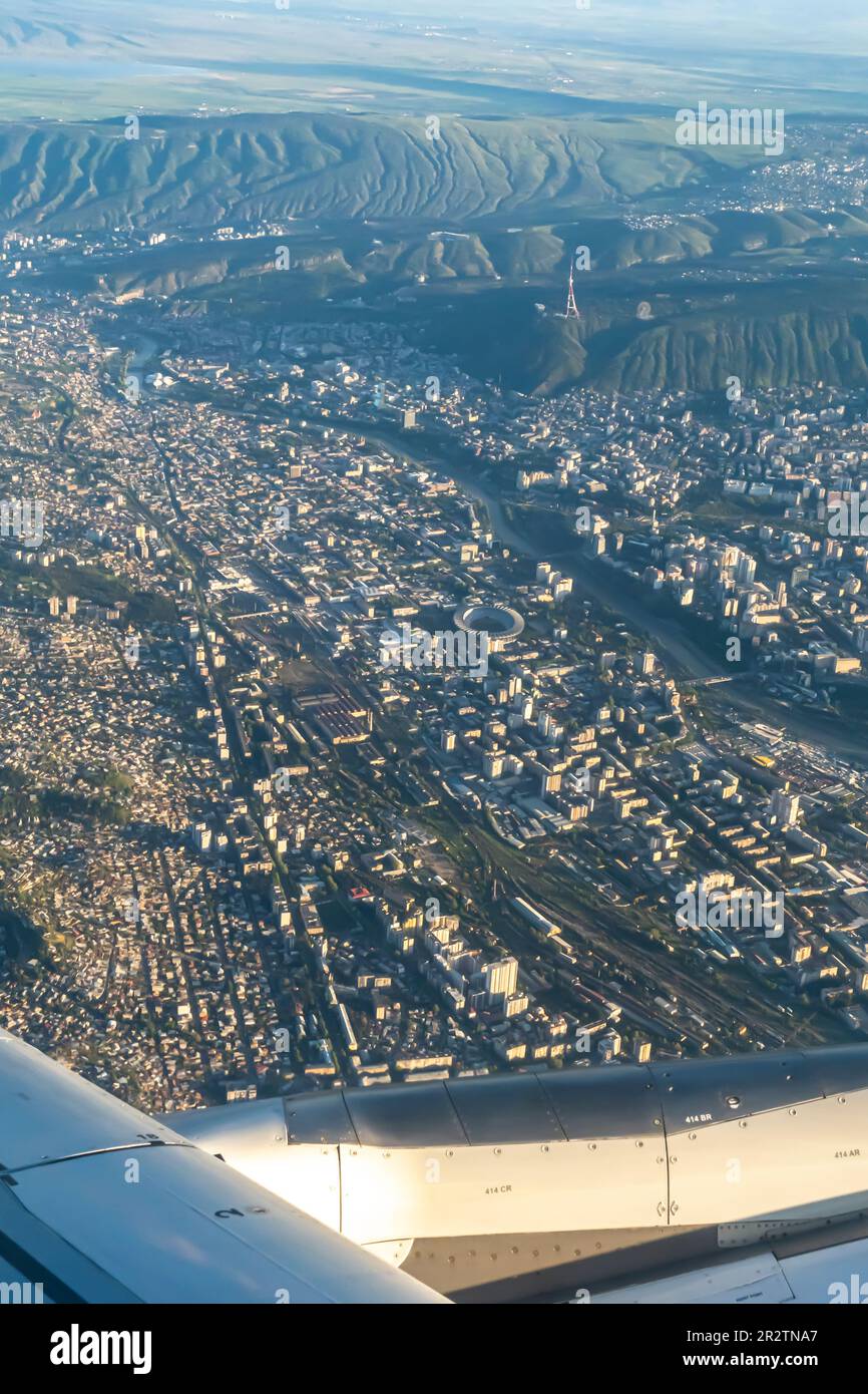 Tbilisi Georgia - aircraft engine- aerial view from an airplane window ...