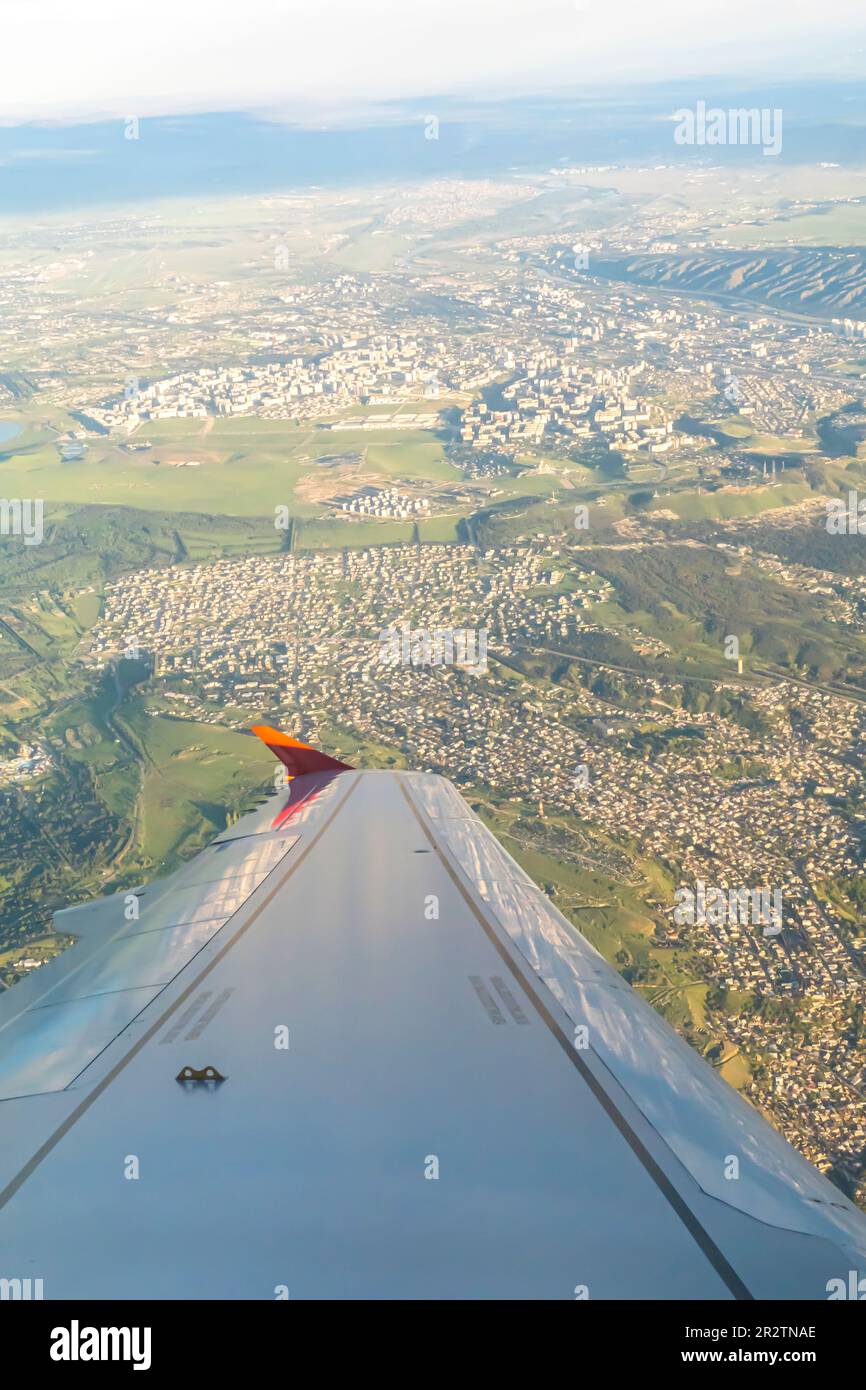 Tbilisi Georgia - aircraft wing - aerial view from an airplane window ...