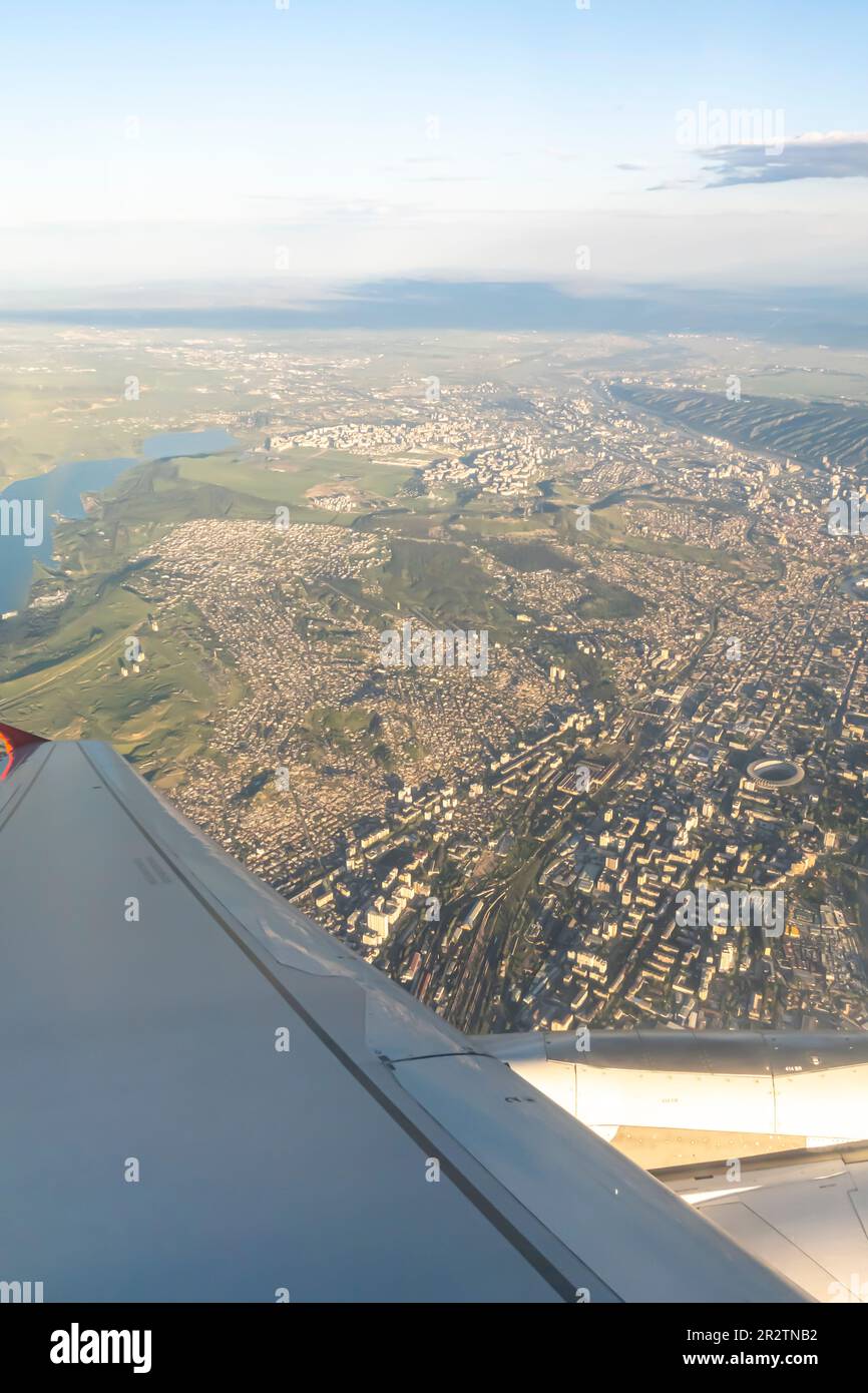 Tbilisi Georgia - aircraft wing - aerial view from an airplane window ...