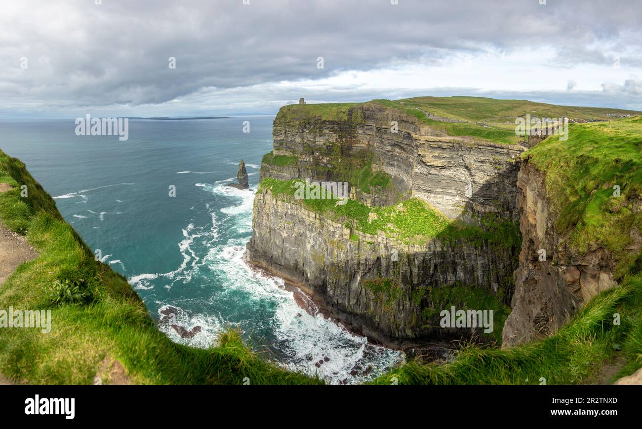 View over cliff line of the Cliffs of Moher in Ireland Stock Photo - Alamy