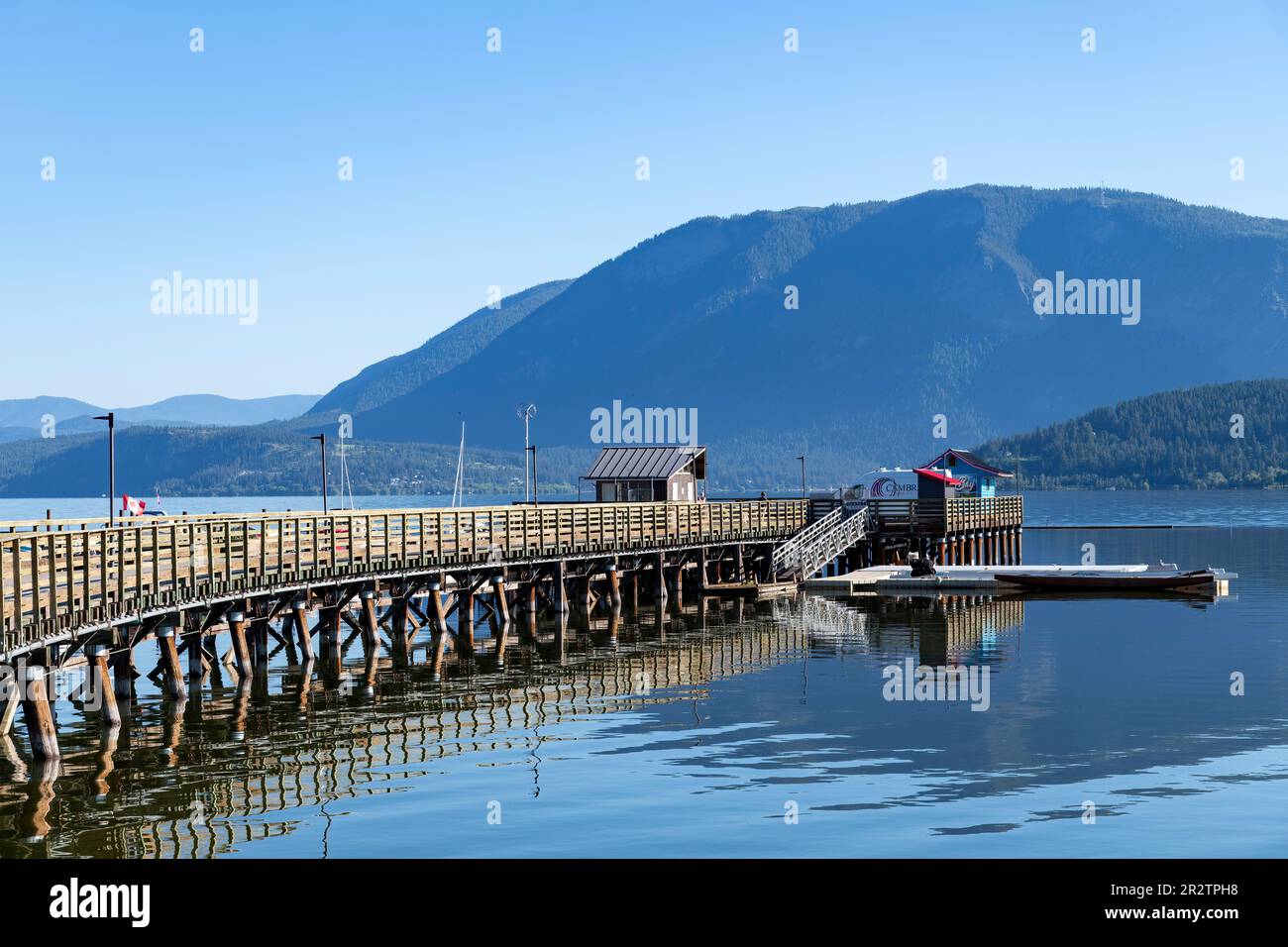 Salmon Arm, BC, Canada; August 2022; View of end of curved wharf and ...