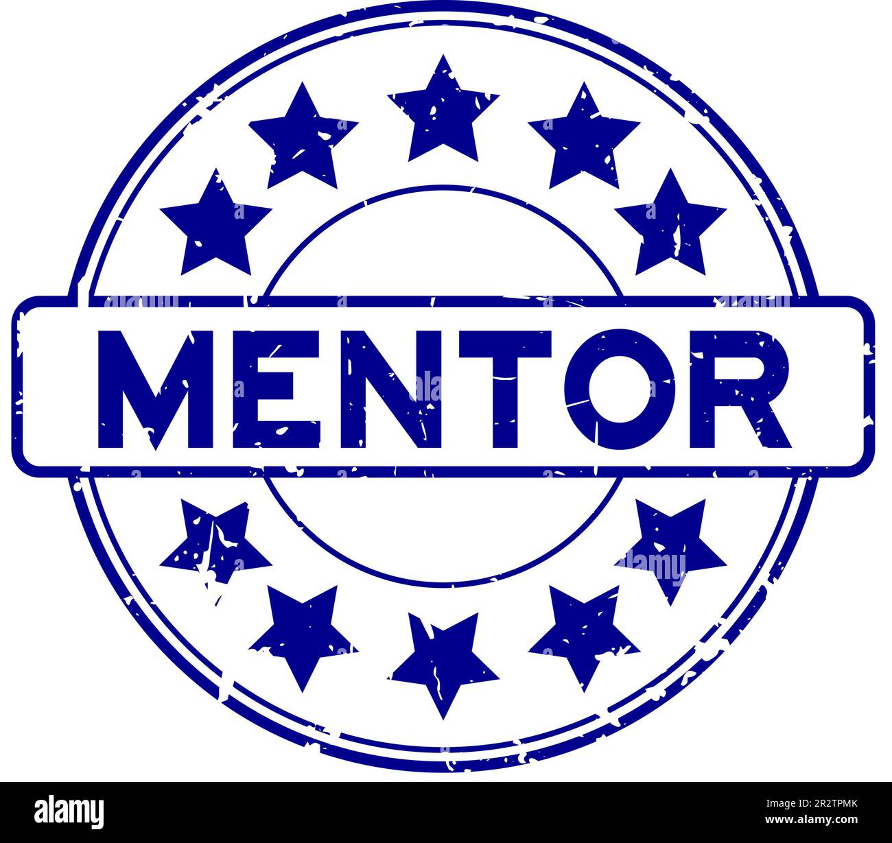 Grunge blue mentor word with star icon round rubber seal stamp on white ...
