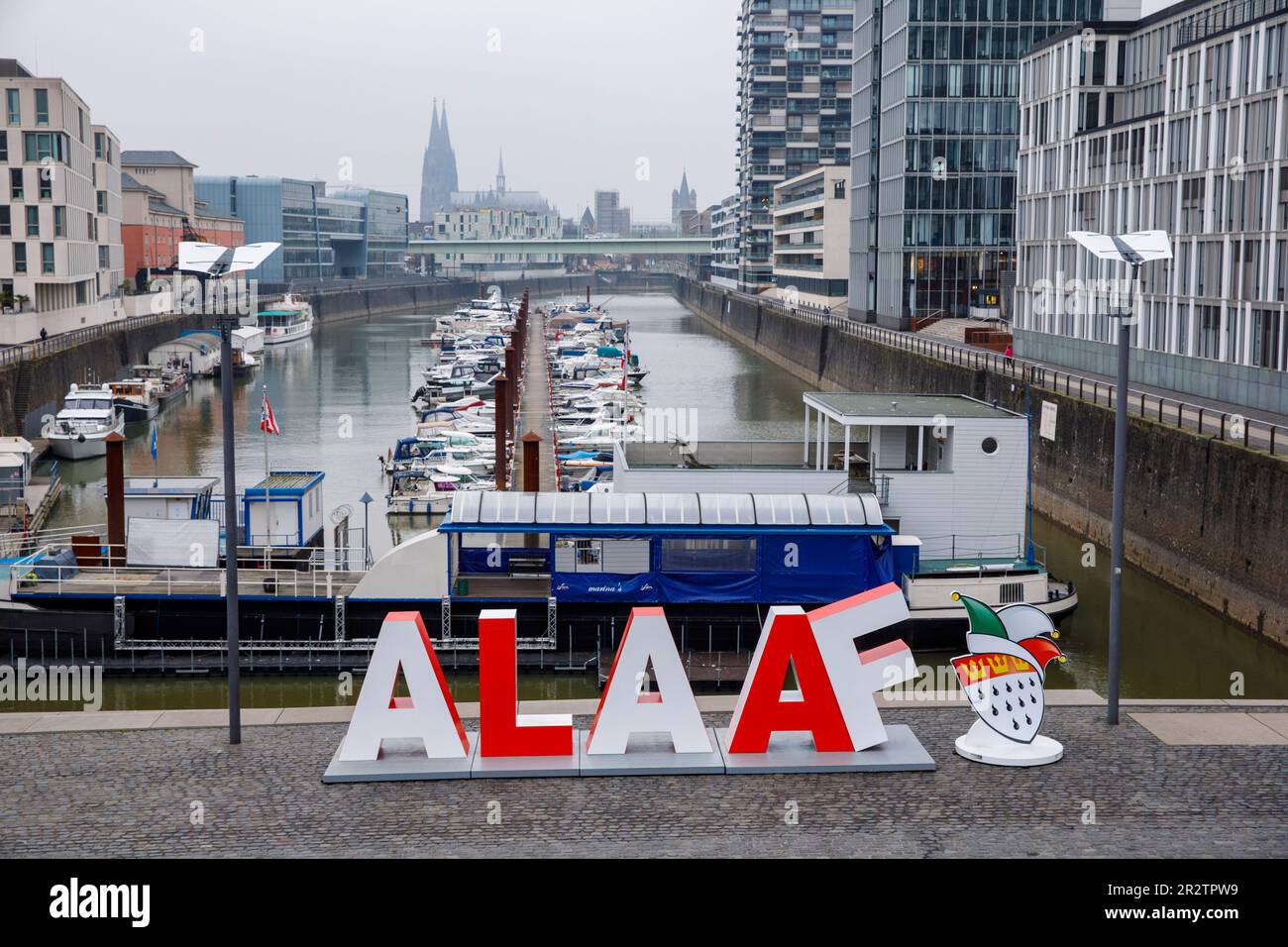two-meter-high Alaaf lettering stands in Rheinau harbour, in the ...