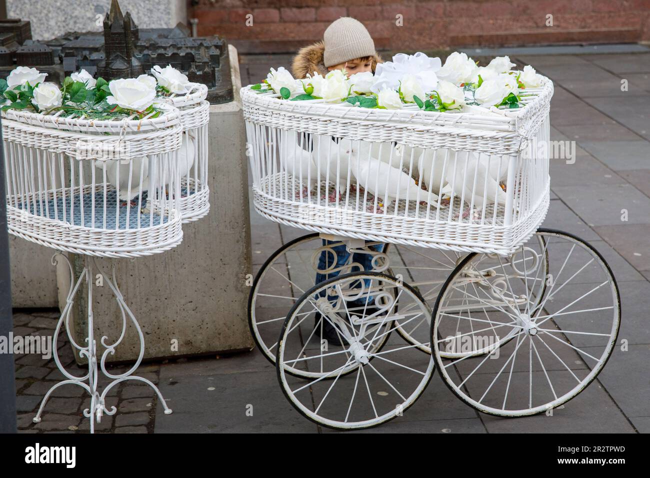 two cages in the shape of hearts with white doves stand in front of the ...