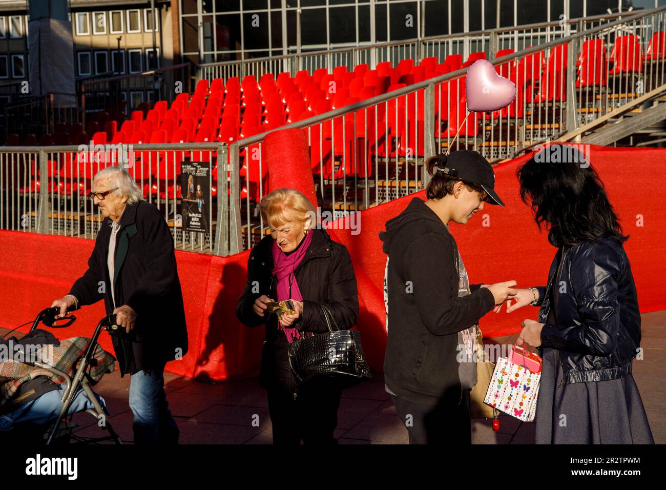 in front of a red grandstand set up for the carnival parades in front ...